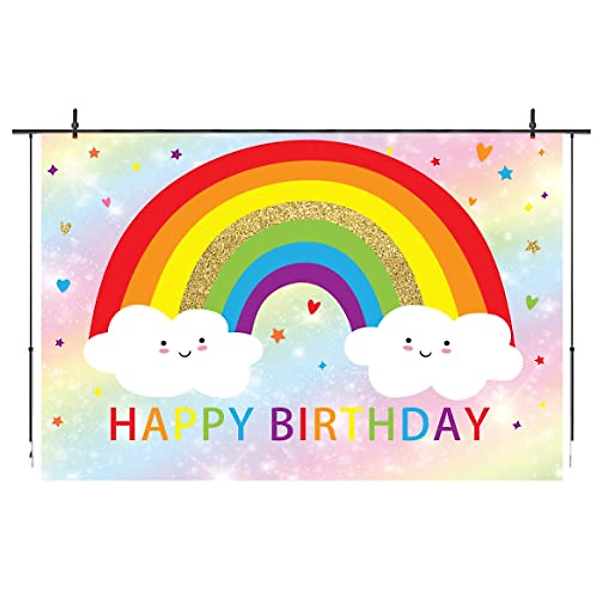 Rainbow Birthday Backdrops for Girls Bokeh Happy Birthday Party Decoration Supplies Kids Rainbow Clouds Cake Table Banner Photo Studio Props 5x3ft