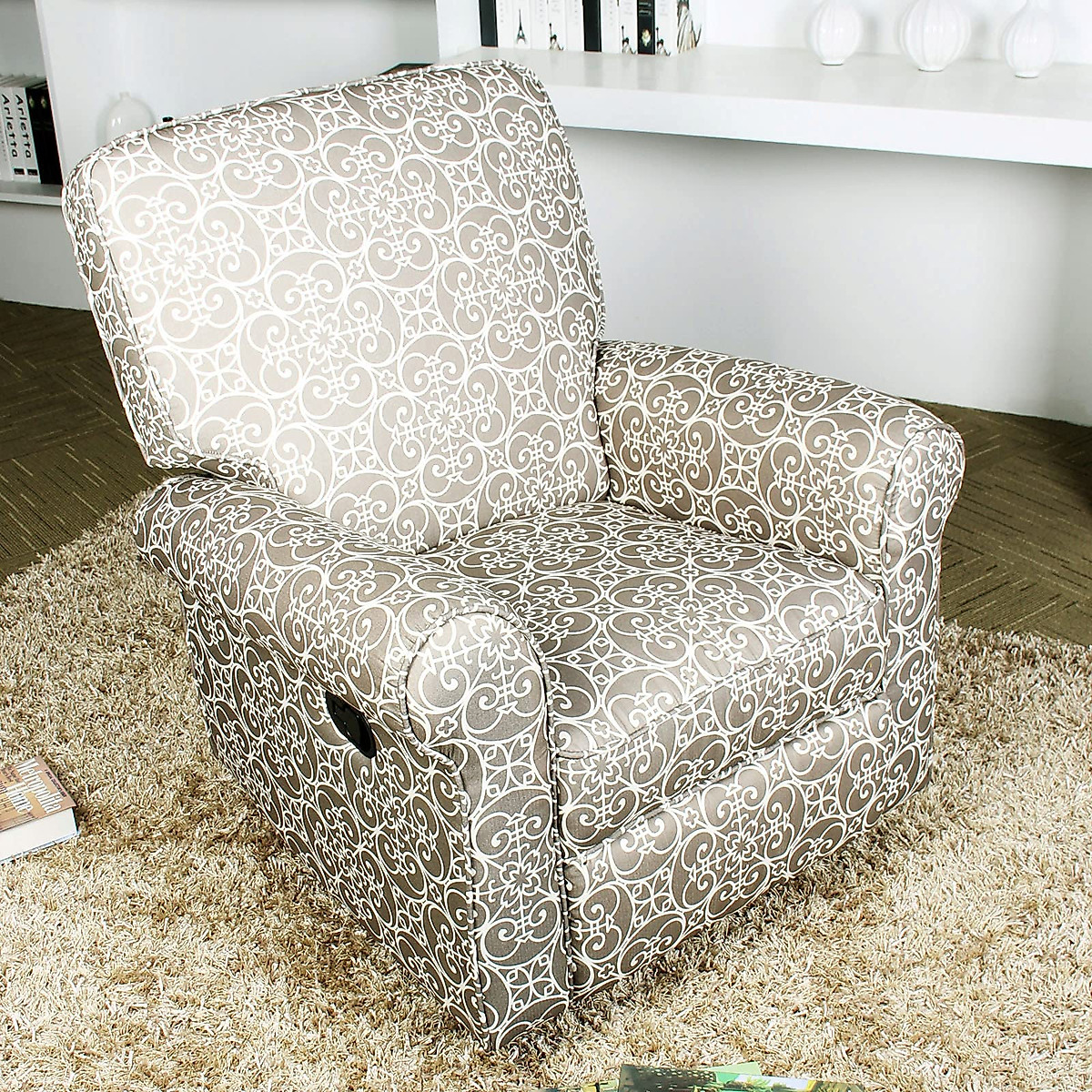 JC HOME Menet Swivel Glide Recliner with Fabric Upholstery in a Scrollwork Print, Doodles Ash