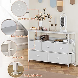 Furologee White TV Stand for Bedroom with Outlet for 55" TV, Long 45" Console Sofa Table with 5 Drawers, Entryway Table with Storage Shelves, Tall Entertainment Center for Living Room, Hallway