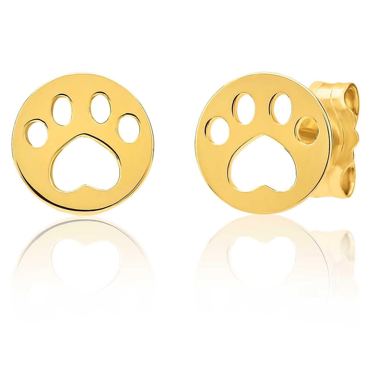 Solid 14K Yellow Gold Tiny Small Dainty Polished Paw Open Disk Dot Stud Earrings (Open Paw)