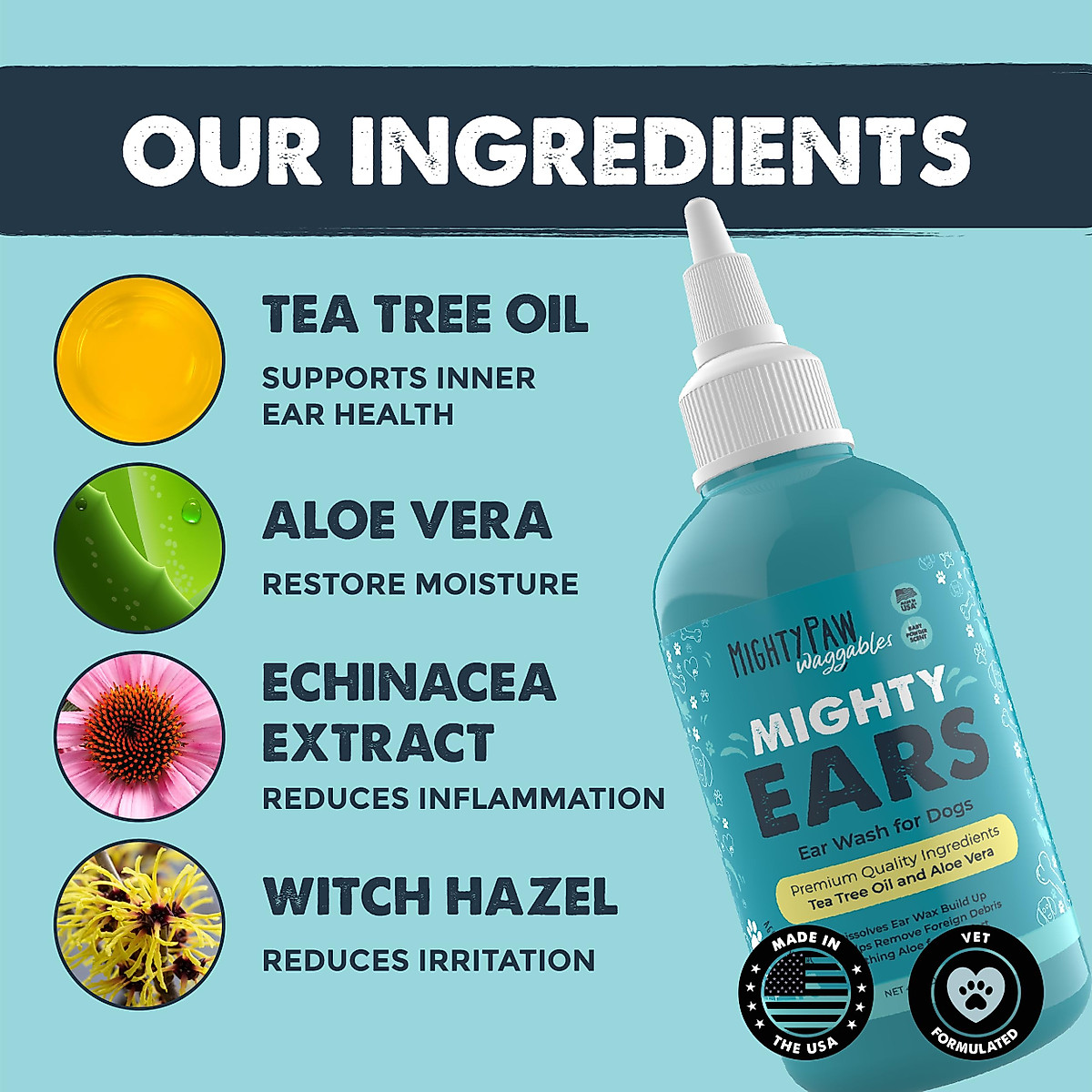 Mighty Paw Waggables Dog Ear Wash - 4 oz (Made in USA) | Dog Ear Cleaner Solution. Dog Ear Wash Cleaner Aloe Vera Dog Ear Drops. Liquid Ear Cleaner for Dogs. For Itchy Ears, Yeast & Healthy Ear Canals