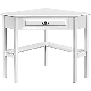 Yaheetech Wood Triangle Computer Desk Corner Table with Large Drawer & Storage Shelves, 90 Degrees Writing Desk Laptop PC Table for Home Office, Study Workstation for Small Space, White