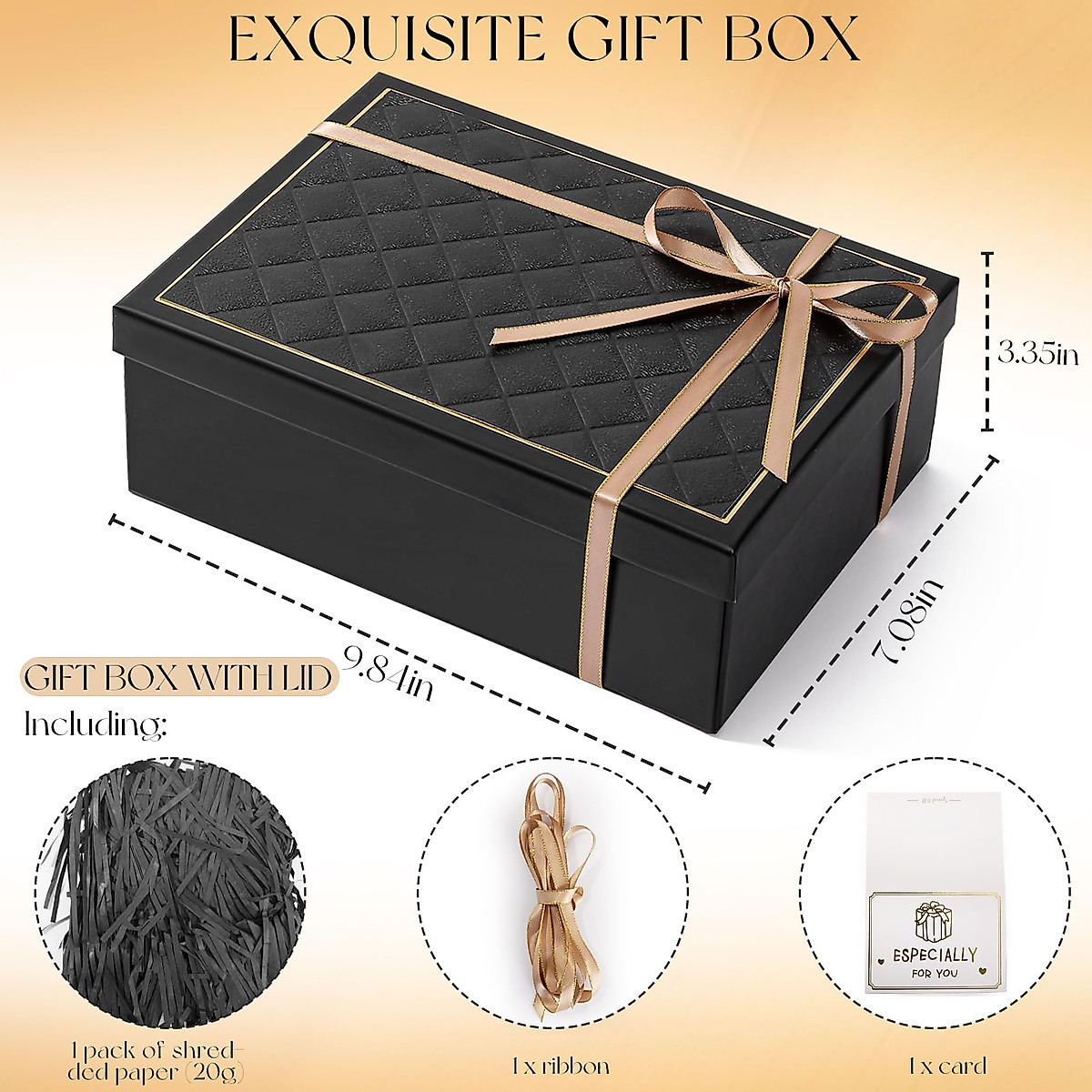 Lainlight Gift Boxes with Lids for Present 9.84 * 7.08 * 3.35 Inches with Card, Ribbon, Shredded Paper for Mother's Day Black