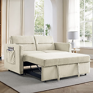 Antetek 3 in 1 Convertible Sleeper Sofa Bed, 54.5-inch Modern Loveseat Couch with Pull-Out Bed, Small Love seat Sofa Bed with Reclining Backrest & Side Pocket for Living Room, Beige