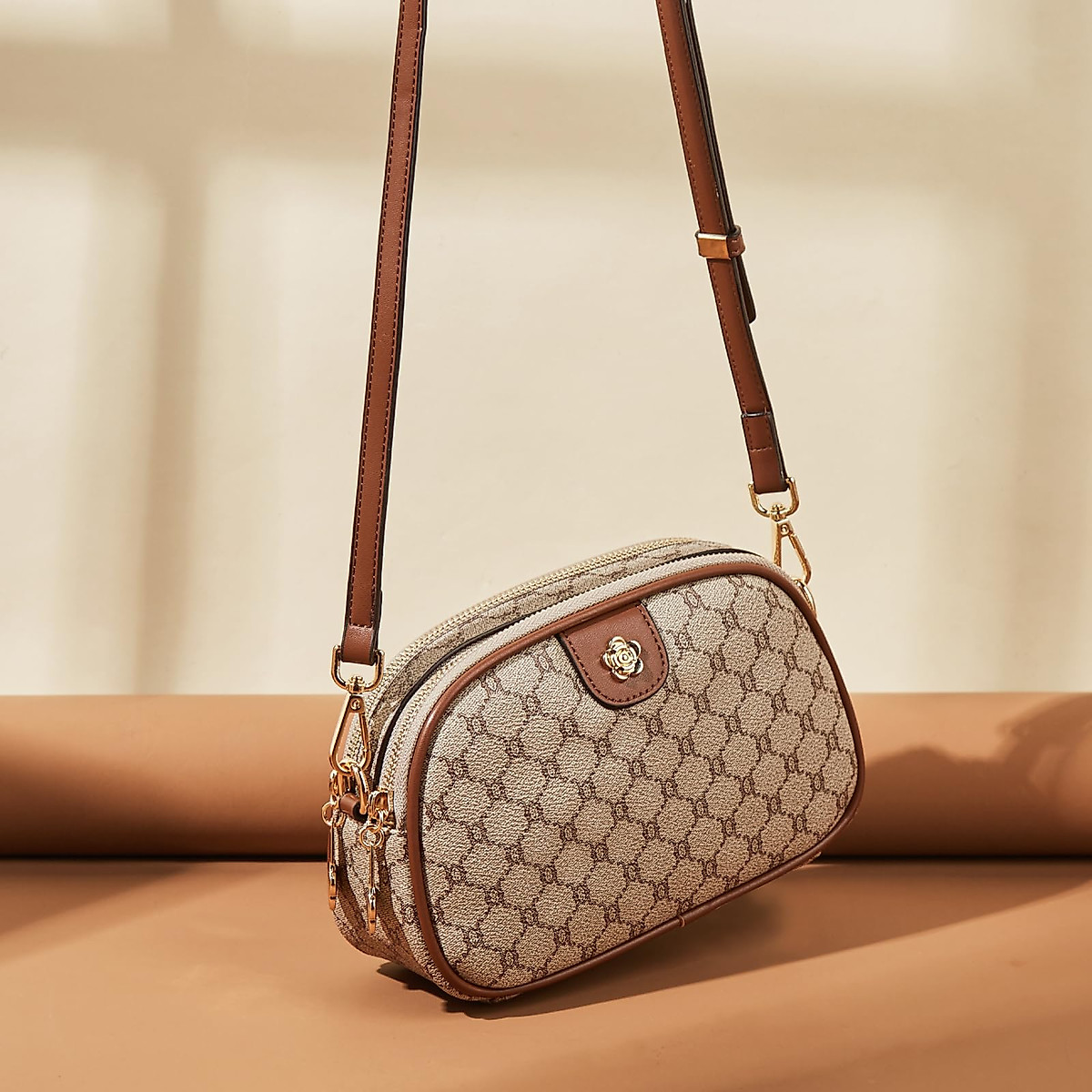 LAORENTOU Vegan Leather Small Crossbody Bag for Women PVC Checkered Purse Shoulder Crossbody Phone Bags (03 Light Brown)