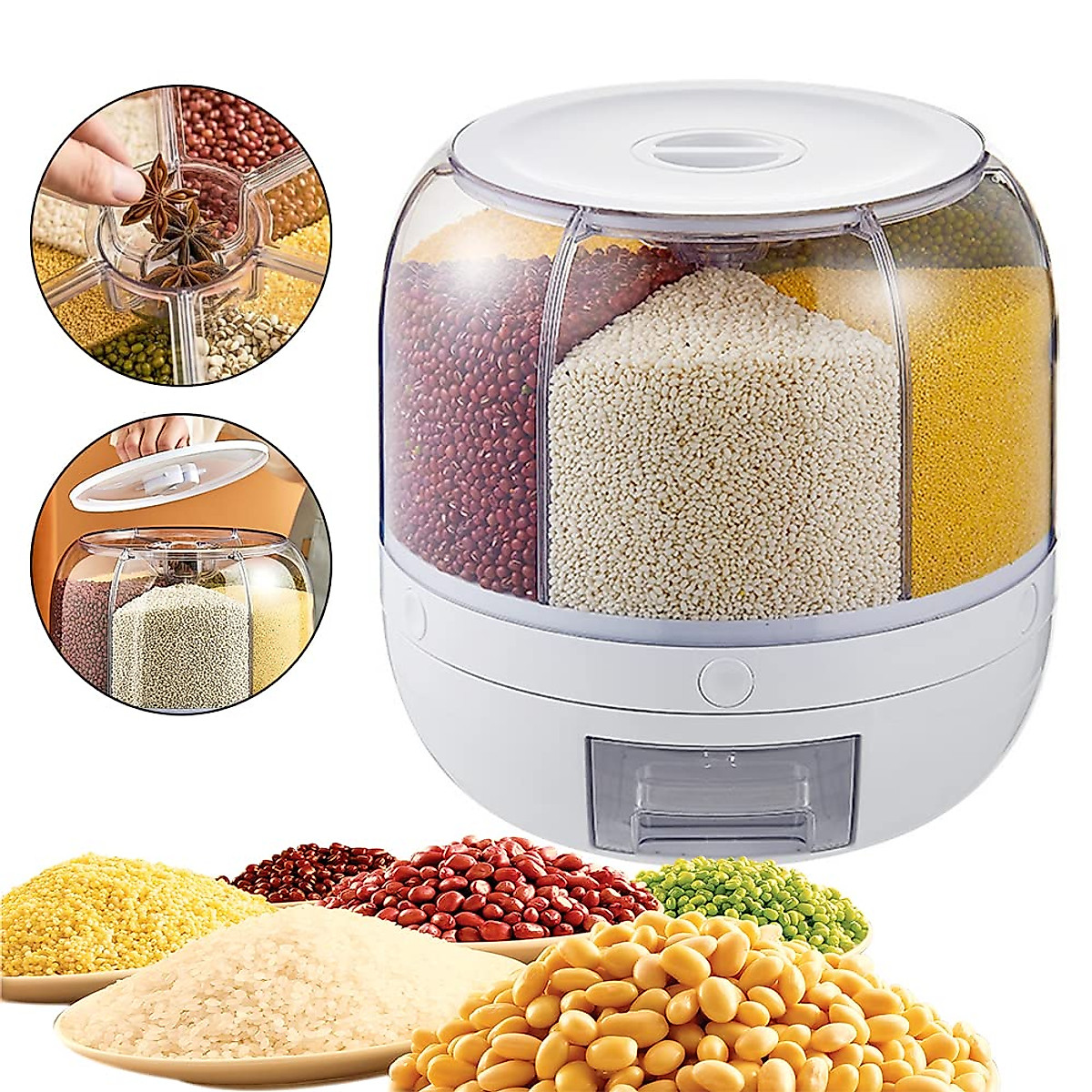 Xuthusman 6 in 1 360°Rotating Dry Food Box Grain Rice Container Cereal Dispenser Storage Box 10KG for Kitchen(22LBS Rice Storage Dispenser)