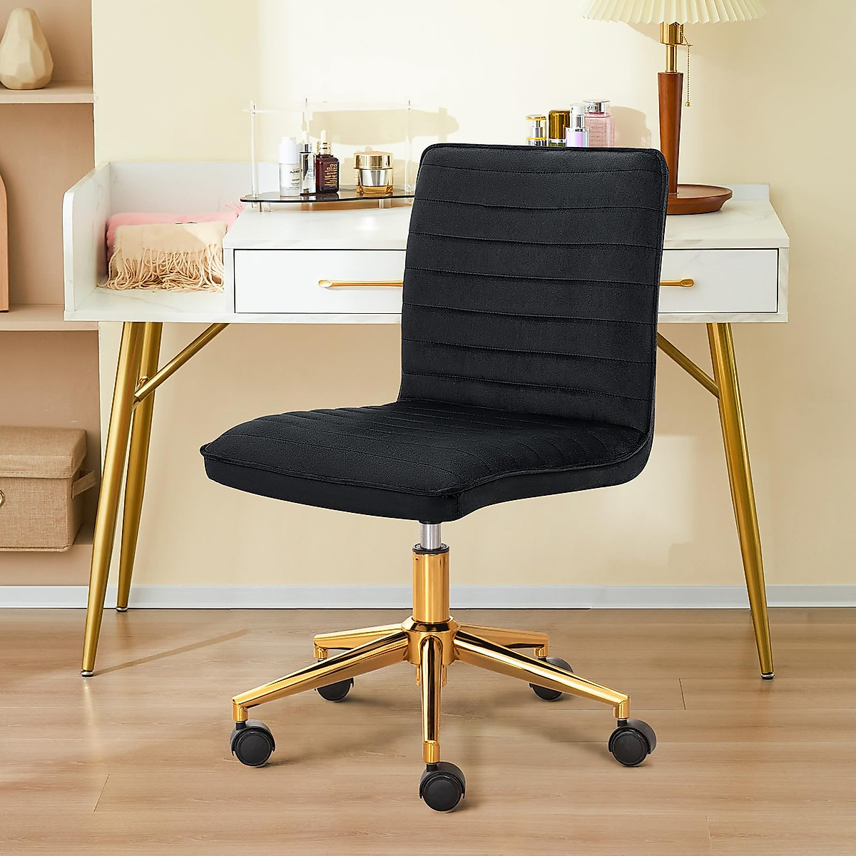 Furnimart Black Swivel Armless Desk Chair with Wheels, Small Velvet Upholstered Home Office Chair Mid-Back Adjustable Chair for Bedroom Dorm Living Room (Velvet-Black)