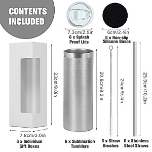 BetterSub 6 Pcs 20oz Sublimation Blanks Tumblers Glitter Silver Skinny Straight, Double Wall Insulated Stainless Steel Sublimation Cups with Lid, Metal Straw, Brush, Display Box