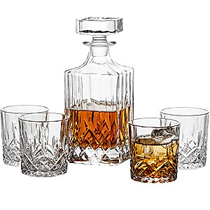 GoodGlassware Whiskey Decanter and Glasses (5 Piece Set) – Elegant Liquor Carafe with Ornate Solid Glass Stopper and 4 Matching Whisky Tumblers - Lead-Free and Dishwasher Safe Transparent