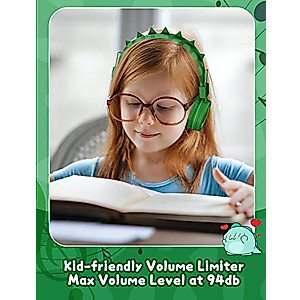 SIMJAR Kids Bluetooth Headphones with Microphone for School, Dinosaur Over-Ear Kids Wireless Headphones with Volume Limiter 94dB, Foldable Adjustable Headband for iPad/Airplane/Travel/Tablet (Green)