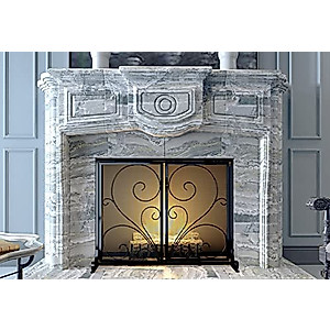 Calidola Flat Fireplace Screen with Doors,Solid Wrought Iron Frame with Metal Mesh, Flat Panel Decorative Fireplace Screen with Scroll Design, Free Standing Spark Guard