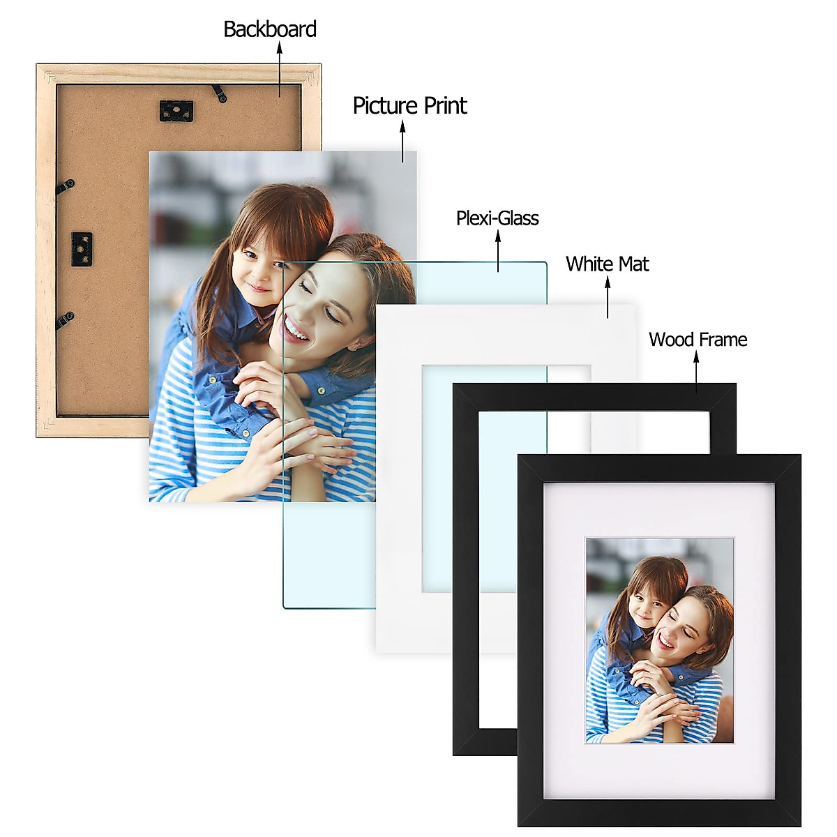 Golden State Art Picture Frame, 9x12 inches, Black, Acrylic Glass, Solid Wood, Mat for 6x8 Photos, Wall Display