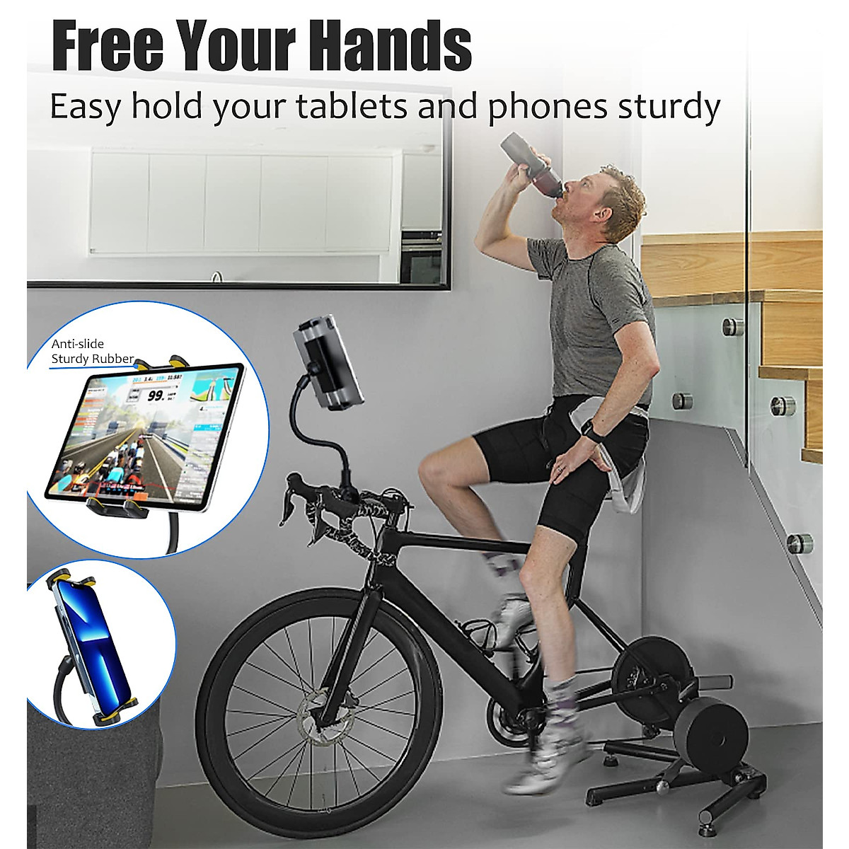 Charchendo Tablet Holder for Spin Bike, Universal Handlebar Phone Mount with Gooseneck for Stationary Exercise Bike, Elliptical, Compatible with iPad Pro/Air/Mini, Smartphones More Devices 4-13''