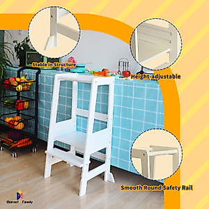Damoch Family™ Kitchen Learning Stool Wooden Adjustable Height Kitchen Help Stool for Toddlers Patented Design (White)