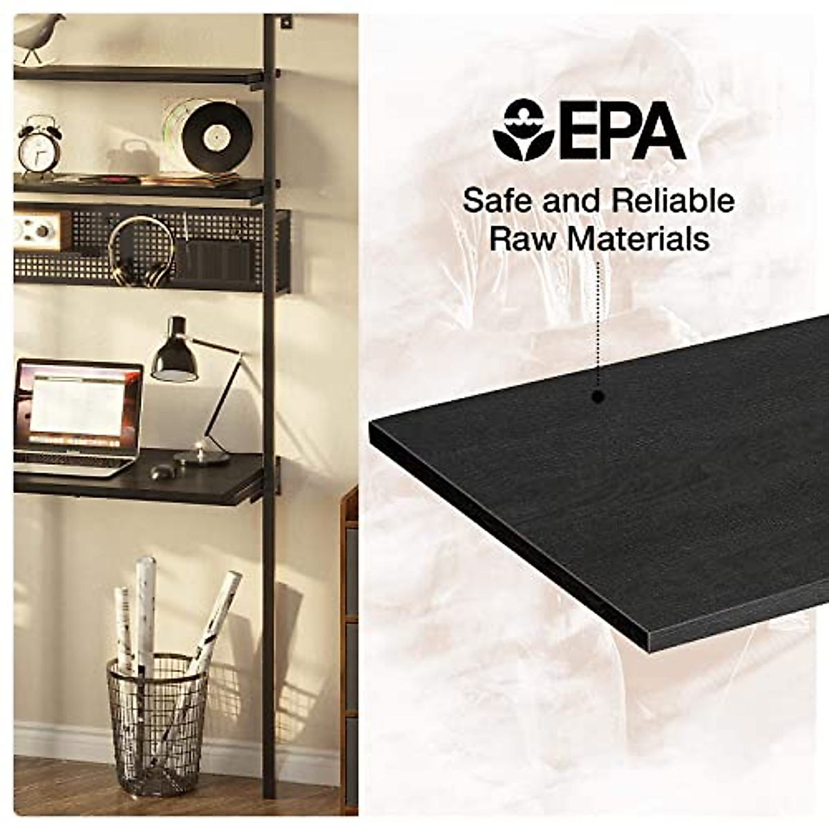 Rolanstar Computer Desk with Shelves, Wall Mounted Desk with Storage Shelf, Industrial Ladder Desk, 3 Tiers Leaning Desk for Small Space, Floating Writing Desk for Home Office, Black