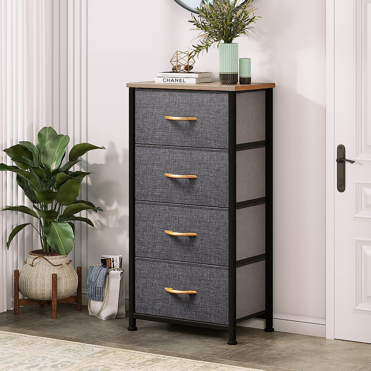DWVO 4 Drawers Dresser, Small Dresser for Bedroom, Fabric Storage Tower, Chest of Drawers, Organizer Unit for Closets, Living Room, Sturdy Steel Frame, Wooden Top, Easy Pull Handle