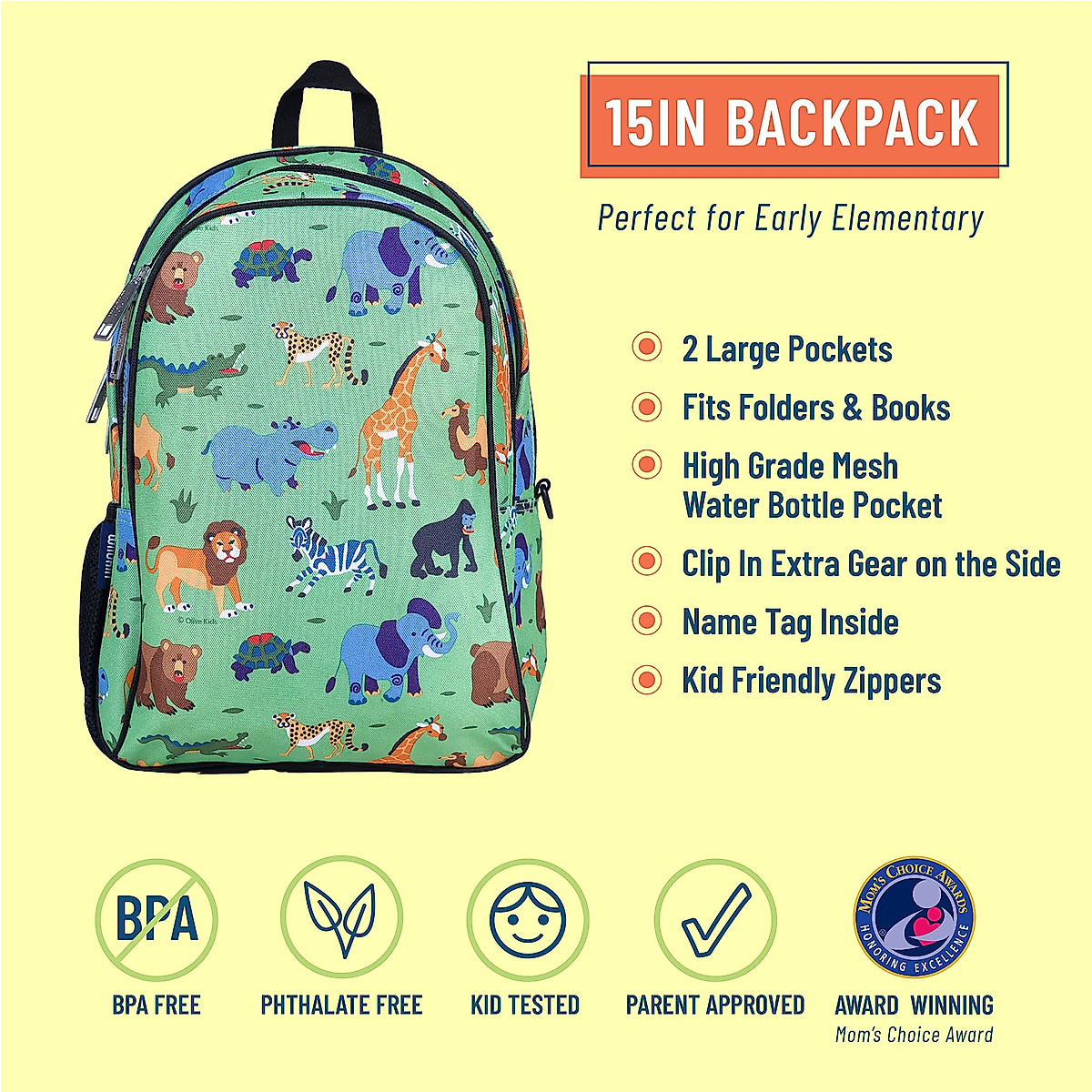 Wildkin Lunch Box Bag and 15 Inch Backpack Bundle with 16 Ounce Reusable Water Bottle (Wild Animals)