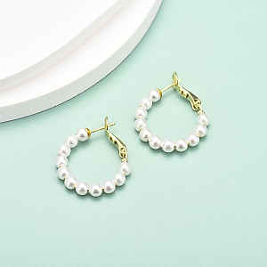 GULICX Pearl Hoop Earrings for Women, 14K Gold Plated Pearl Earrings 925 Sterling Silver Post 20mm Big Pearl Hoop Earrings Jewelry Gifts