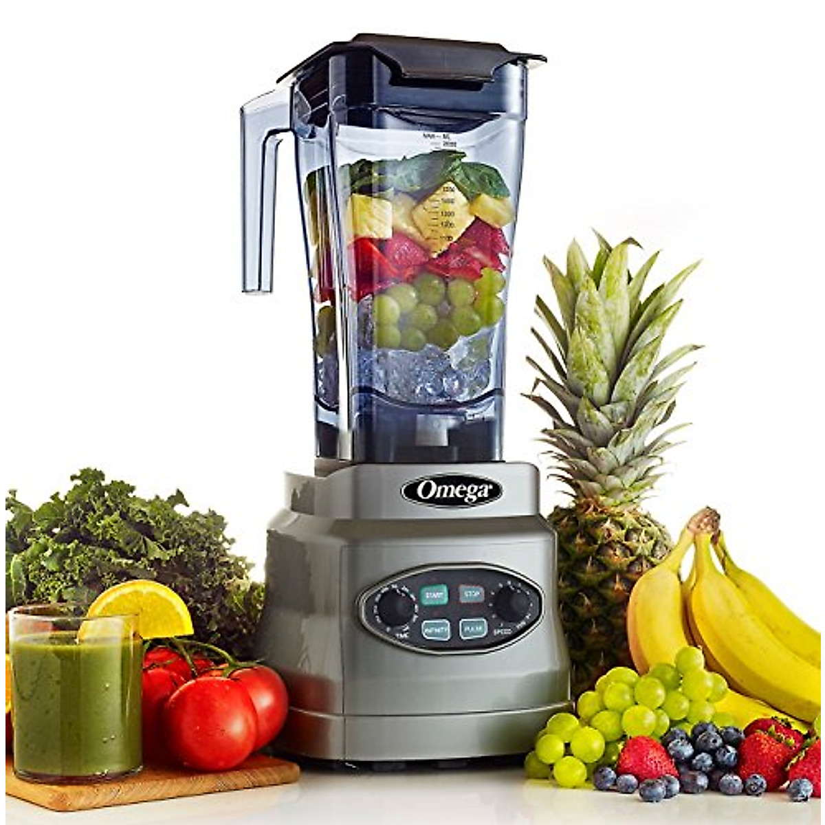 Omega 3HP Blender 64 OZ BPA Free Container Creates Delicious Smoothies Features Stainless Steel Blades & 10-Speeds Plus Pulse Includes Plunger & Recipe Book, 1400-Watt, Silver