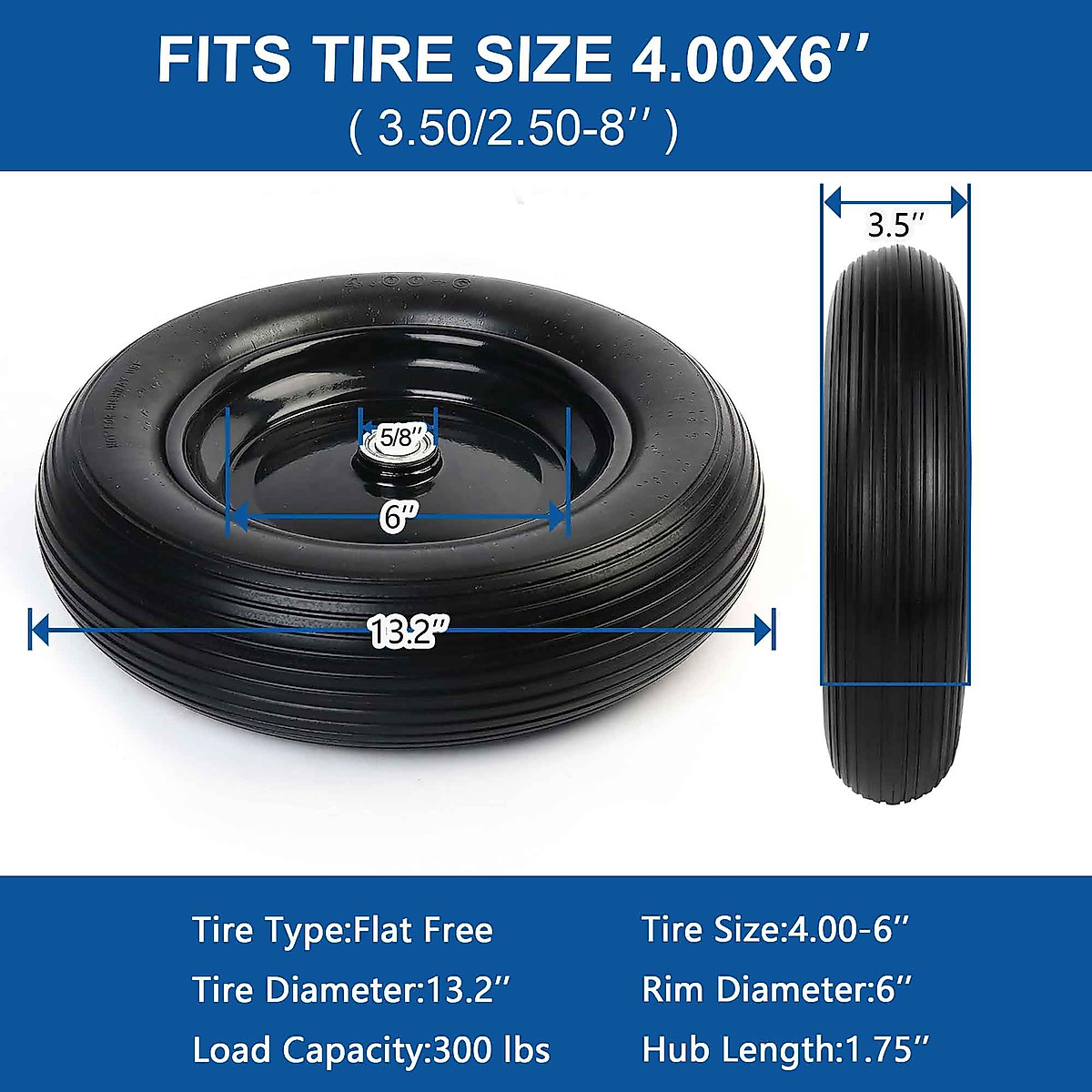 13 Inch Wheelbarrow Tires 4.00-6 Flat Free Wheelbarrow Tire, 5/8" or 3/4" Bearings Solid 4.00-6 Tire and Wheel Replacement for Wheel Barrel Wheel Barrow, Includes Adapter Kit(4.00-6 Flat Free)