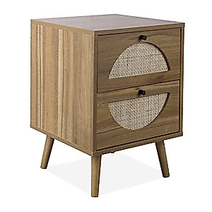 affeivul Rattan Nightstand Set of 2, End Side Table with 2 Rattan Drawers, Boho Accent Bedside Tables, Mid Century Nightstand with 2 Natural Rattan Drawers for Bedroom, Living Room,Sofa (Walnut)