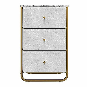REALROOMS Korbin 3 Drawer Fabric Bin Organizer with Metal Frame, Terrazzo/Gold