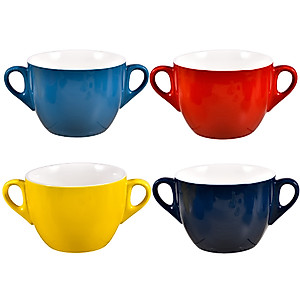 Multicolor 4 Pack Soup Bowl with Double Handles, Ceramic Cereal Bowl Set for Modern Kitchen, Large Mugs, Color Glazed Serving Crocks, Versatile for Daily Use