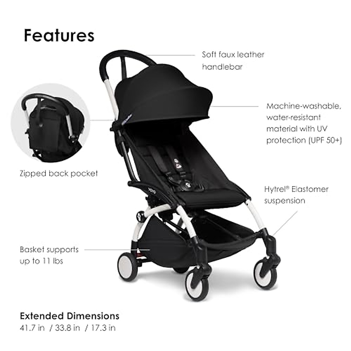 BABYZEN YOYO2 Stroller - Lightweight & Compact - Includes White Frame, Black Seat Cushion + Matching Canopy - Suitable for Children Up to 48.5 Lbs