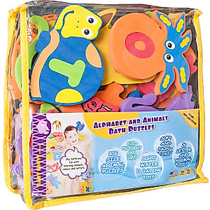 Bath Foam Alphabet Letters Toys - Non-Toxic Bathtub ABC Letters for Kids Toddlers - Premium Educational Floating Animals Puzzles with Toy Organizer for Baby Boys Girls - Set of 52 Pcs