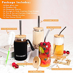 EMBICER Glass Cups with Lids and Straws – Set of 4 16Oz Mason Jar Drinking Glasses with Neoprene Sleeves – Premium Glass Cups with Bamboo Lids, Reusable Straw – Ideal for Iced Tea, Lemonade, Cocktail