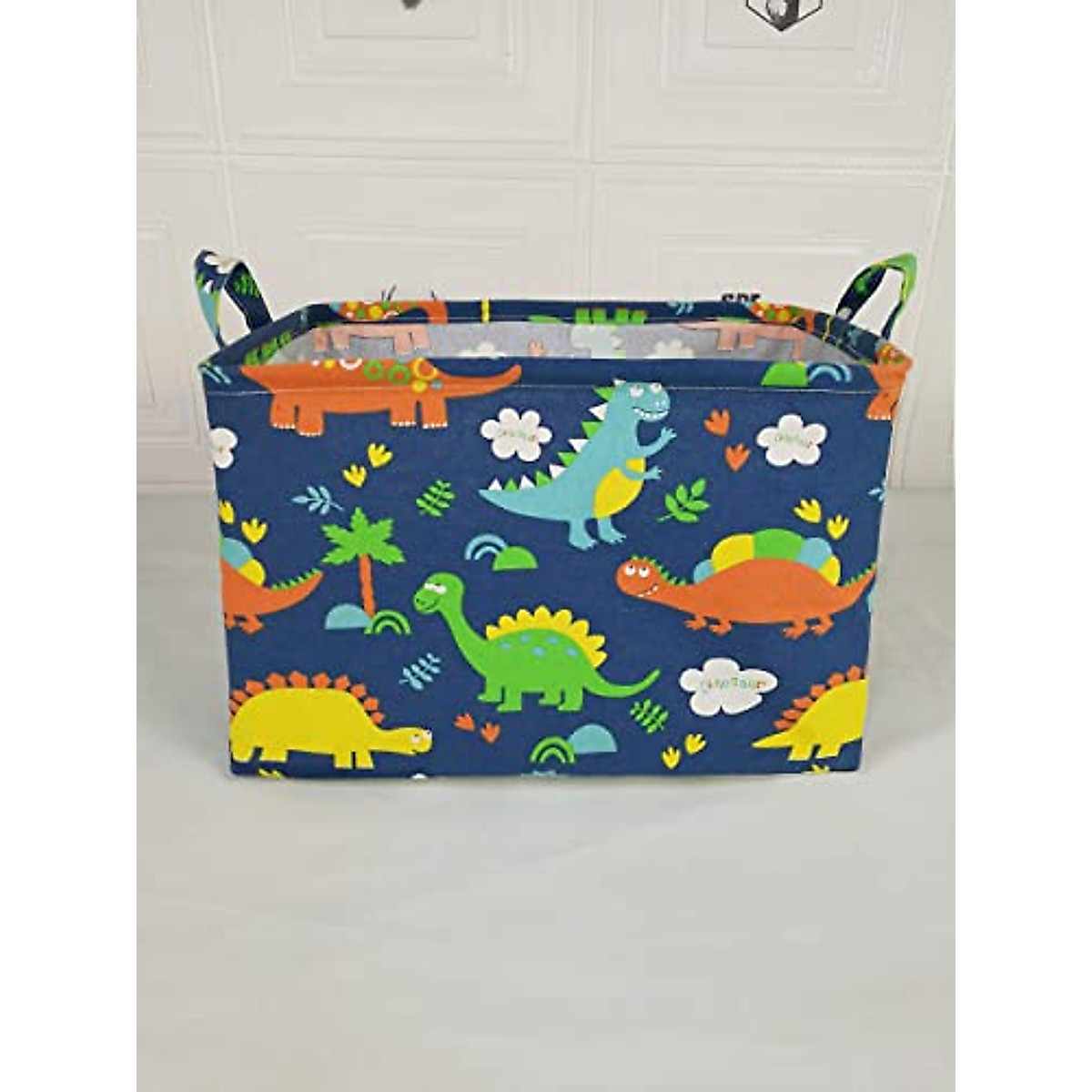 ACMUUNI REC Canvas Clothes Basket Laundry Hamper with Handles Waterproof Cotton Storage Organizer Perfect for Kids Boys Girls Toys Nursery Gift Basket (REC blue dinosaur)