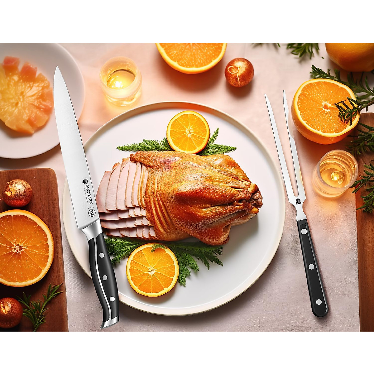 BRODARK Carving Knife, German Stainless Steel Carving Knife and Fork Set, 8 Inch Kitchen Knife for Meat, Turkey, BBQ, Full Tang Ergonomic Handle Brisket Slicing Knife with Gift Box