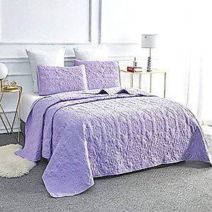 Sophia and William 3 Pieces Quilt Set Queen/Full Size with 1 Quilt and 2 Pillow Shams, Reversible Microfiber Bedding Bedspread Coverlet Set, Cozy, Lightweight and Hypoallergenic, Purple