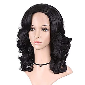 Lady Miranda Loose Wave Lace Part Wig Pure Color Nature Curly Synthetic Heat Resistant Weave Full Wigs for Women(Black)