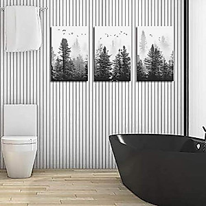 Wall art Canvas wall art Forest wall art Living room decoration black and white art Landscape wall art Gable decoration Morning fog Mountain canvas art wall Fog forest 3 panel Modern home Decoration