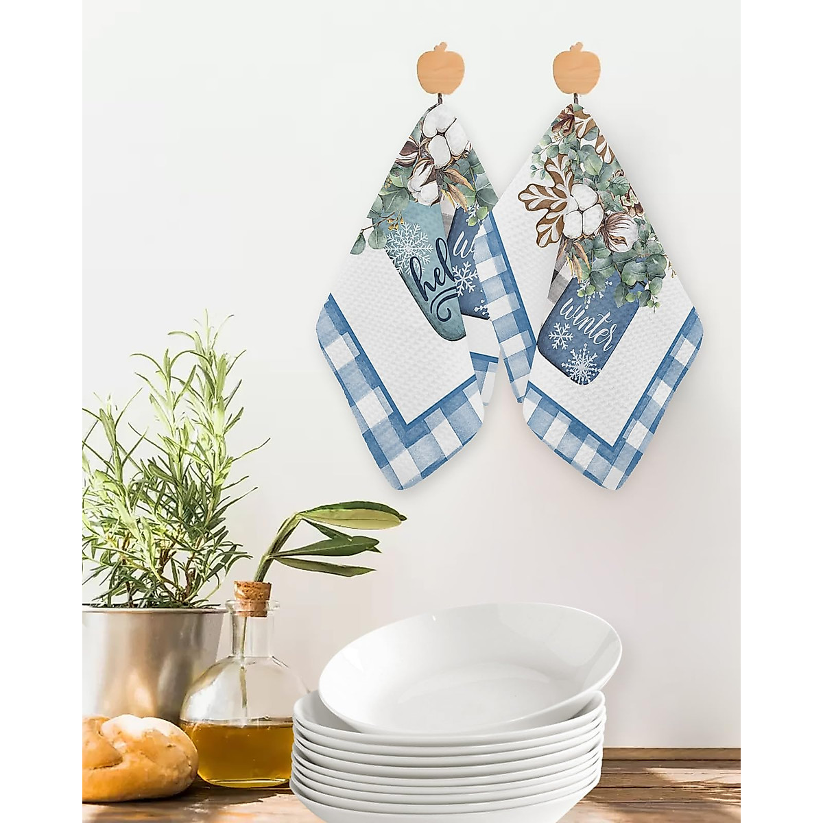 Hokiten Christmas Waffle Kitchen Towels Dishcloths, Xmas Eucalyptus Leaves Winter Cotton Blue Plaid Absorbent Dish Towels | Hand Towels for Bathroom/Bar, 12 x 12 Inch, 2 Pcs