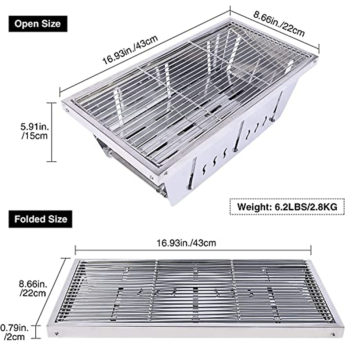 REDCAMP Collapsible Camping Grill,17 * 9" Portable Charcoal Grill with Carrying Bag, Stainless Steel lightweight Small BBQ Grill for Outdoor Camping Cooking