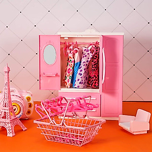 Doll Closet Furniture Wardrobe Clothing Organizer Doll Open Wardrobe Dollhouse Closet with 20 Pieces Doll Hangers 2 Style Pink Plastic Hangers Dollhouse Furniture Accessories (Classic Style)