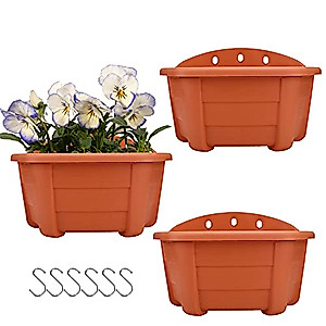 9.84” Wall Hanging Planters Railing Hanging Planters Plants Flowers Plastic Pots Baskets for Balcony Fence Garden Outdoor Indoor 3 Wall Pots(Terracotta red Color)