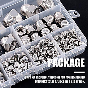 170Pcs 304 Stainless Steel Serrated Metric Acorn Cap Nuts Hex Dome Cap Assortment Kit, 7 Sizes - M3 M4 M5 M6 M8 M10 M12