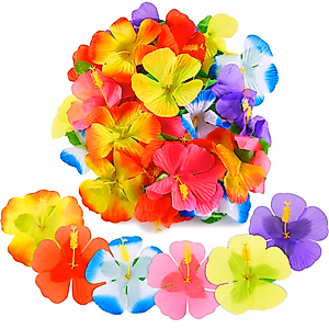 WILLBOND 120 Pieces Hibiscus Flowers Decoration Hawaiian Faux Flowers Tropical Faux Flowers Colorful Polyester Hibiscus Tabletop Vivid Flowers DIY Decoration for Home Garden Party Favor Decoration