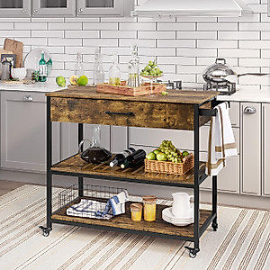 Topeakmart 40 Inch Mobile Kitchen Island Cart on Wheels for Home Kitchen, 40 Inch Rolling Utility Trolley Cart with Drawer and Storage Shelf, 3-Tier Large Kitchen Work Table Dining Cart, Rustic Brown