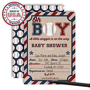 Our Little Slugger Baseball Themed Baby Sprinkle Baby Shower Invitations for Boys, 20 5"x7" Fill In Cards with Twenty White Envelopes by AmandaCreation