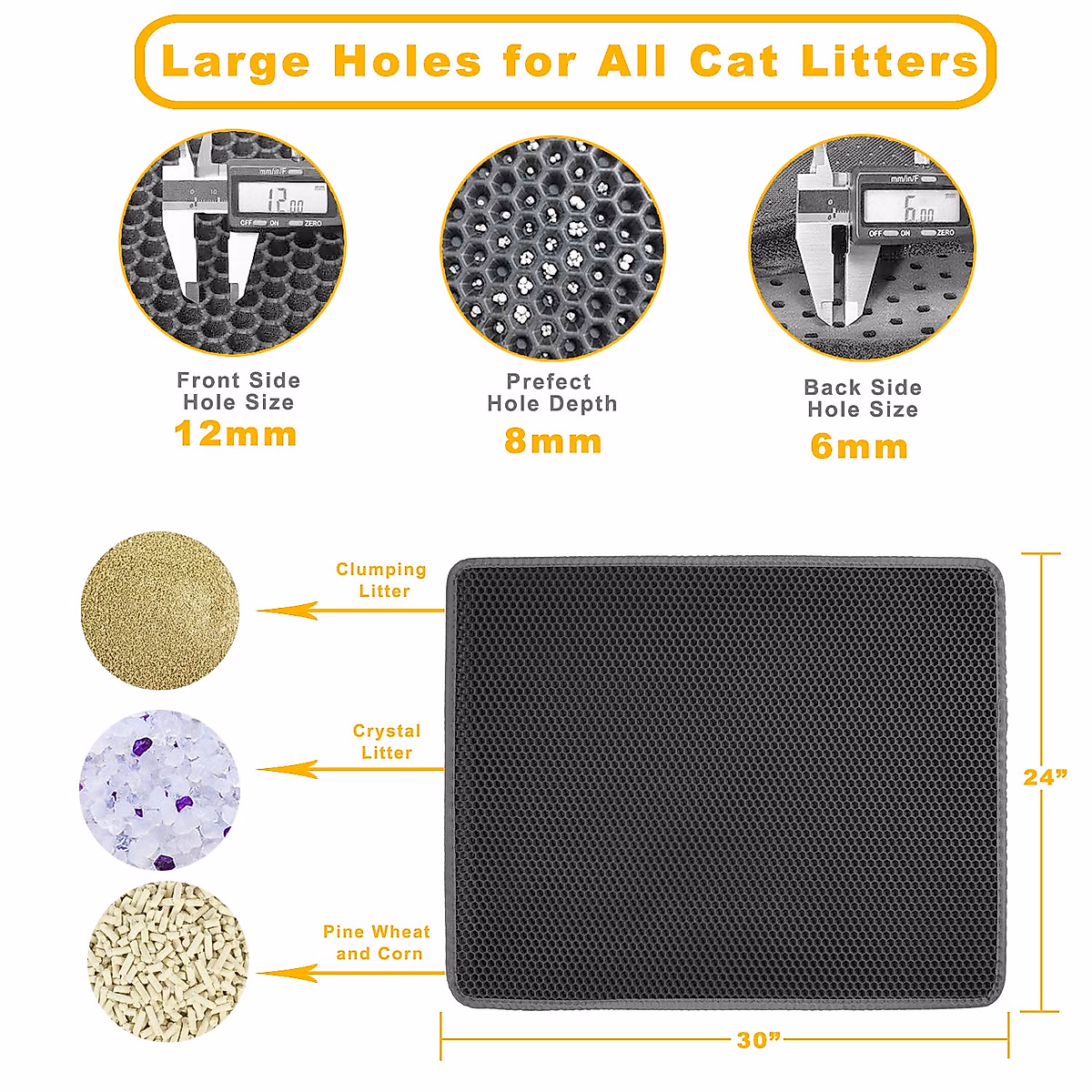 Cat Litter Mat Grey Trapping for Litter Box, XL Jumbo 30 x 24 in, Urine & Waterproof, Honeycomb Double Layer Anti Tracking Kitty Mats, No Phthalate, Washable Easy Clean, Scatter Control