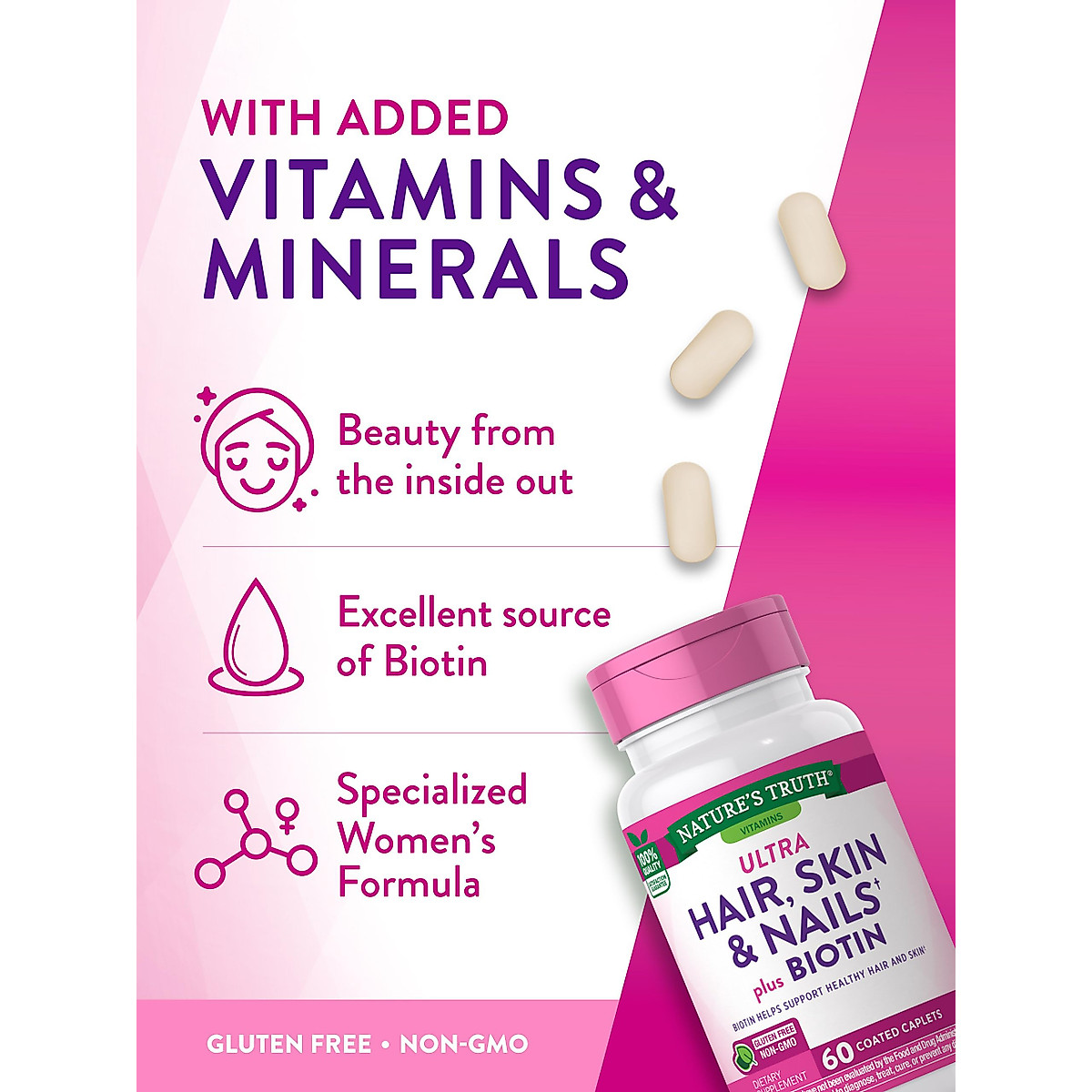 Hair Skin and Nails Vitamins | 60 Caplets | with Biotin and Collagen | Non-GMO and Gluten Free Supplement for Women and Men | by Nature's Truth