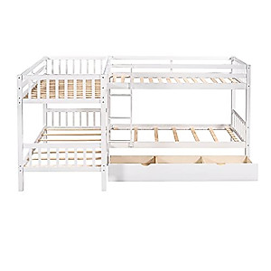 HYC L-Shaped Bunk Bed with Drawers, Bunk Bed for 4 Twin Over Twin for Boys Girls Kids Teen Wood Quad Bunk Beds Frame, White