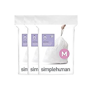 simplehuman Code M Custom Fit Drawstring Trash Bags in Dispenser Packs, 60 Count, 45 Liter / 11.9 Gallon, White