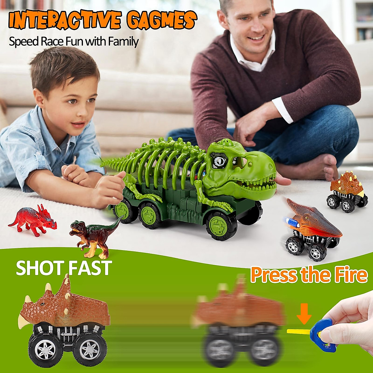 Dinosaur Trucks Toys for 2+ 3 4 5 6 Year Old Boys Birthday Gift Transport Carrier Car Vehicles Toddlers 3-5 with Sound Light, Dino Figure& Eggs Monster Truck Game Dinosaur Play Set for Kids 4-6 Girls
