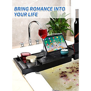 ZHTYRE Bamboo Bathtub Caddy Tray, White, 29.5"-43" Expandable, Non-slip, with Bamboo Bookshelf and Soap Tray Shelf, 1 or 2 Person Bath and Bed Tray