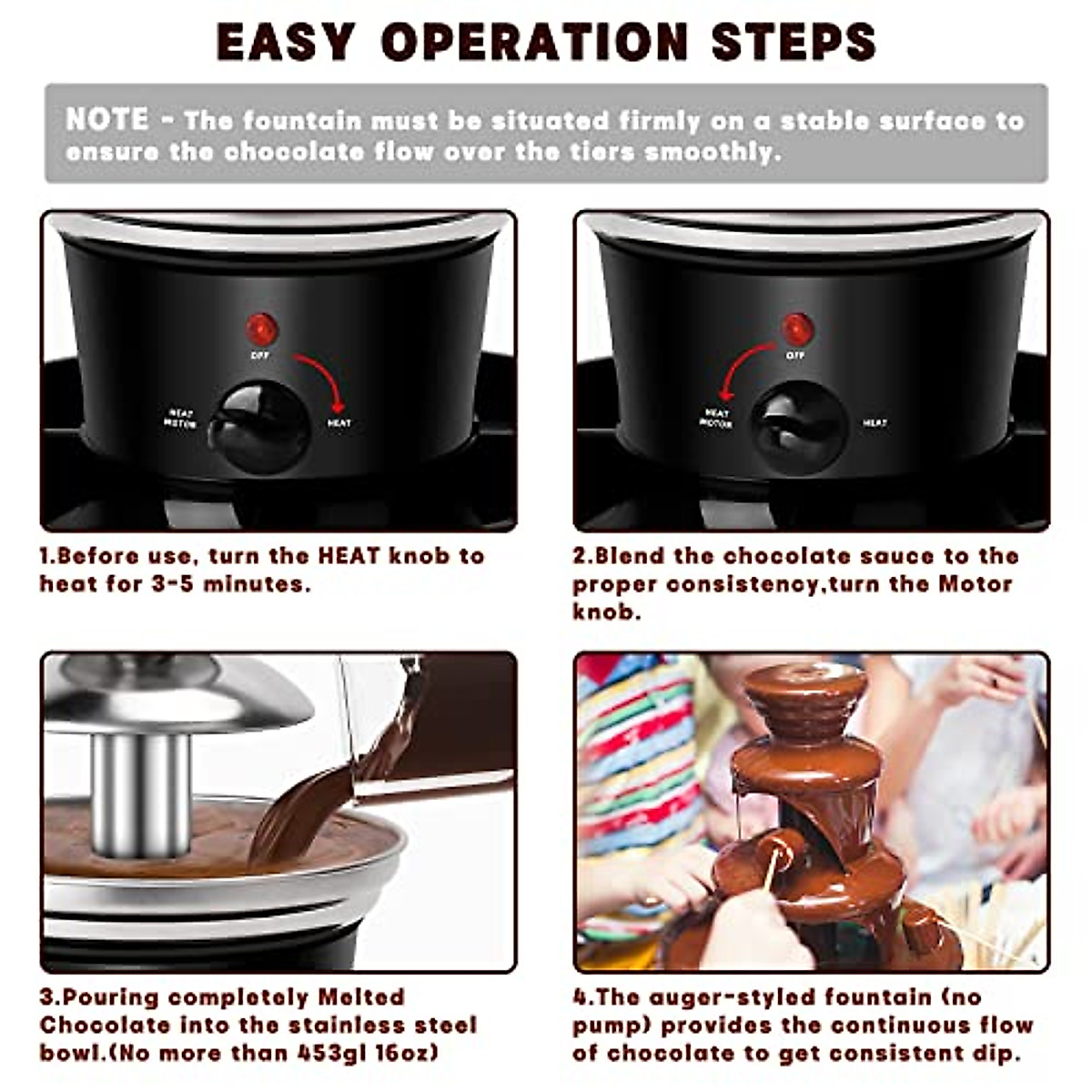 Outamateur 16-Ounce Chocolate Fondue Fountain,3-Tier MINI Chocolate Fountain,Electric Melting Machine with 6PCS Fondue Fork,Hot Chocolate Fondue With Removal Fruits/Nuts/Treats Serving Tray,for BBQ Sauce,Ranch,Nacho Cheese,Liqueurs (Black)